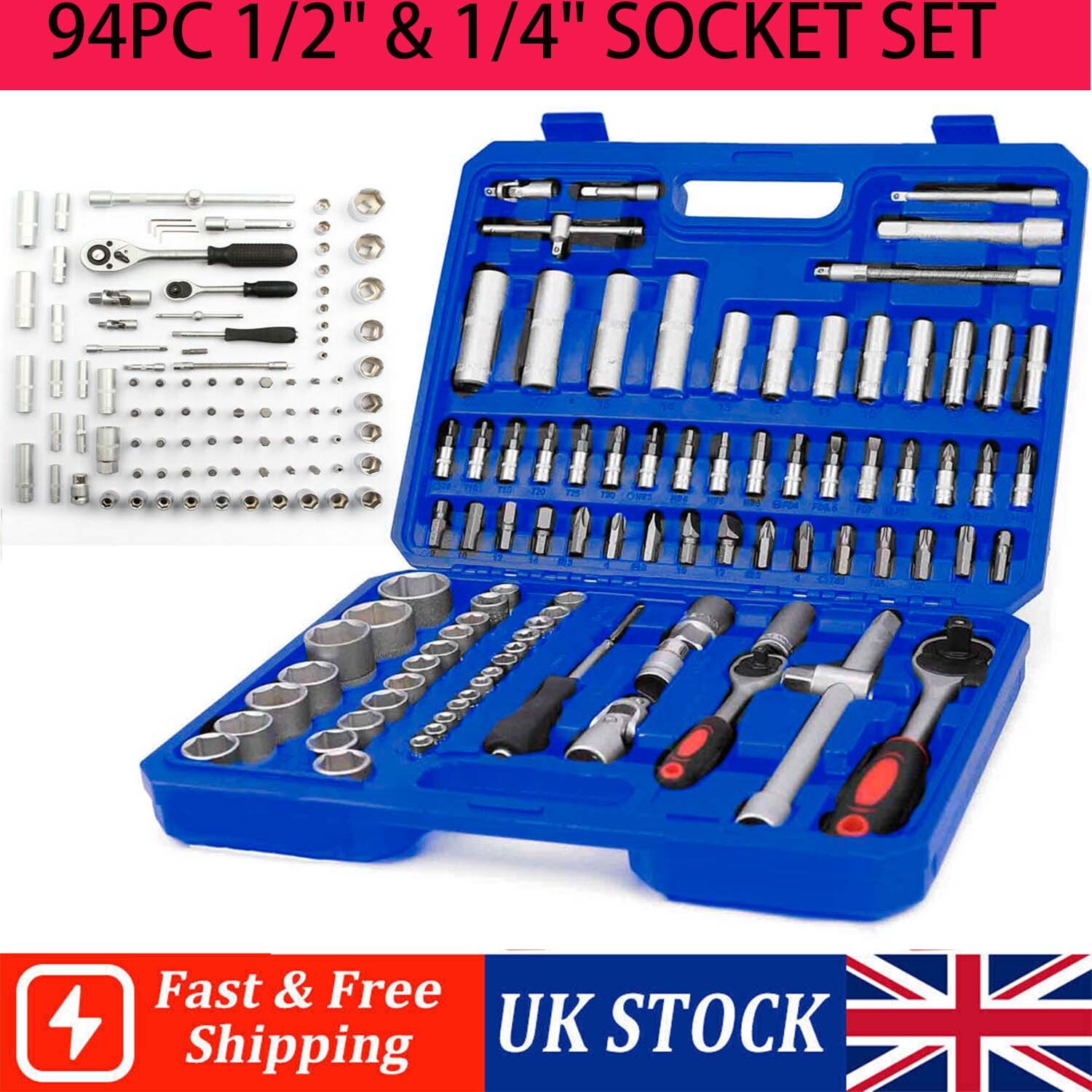 1/2" & 1/4" Socket Wrench Tool Set Ratchet Combination Repair Swivel Kit 94PCS | eBay