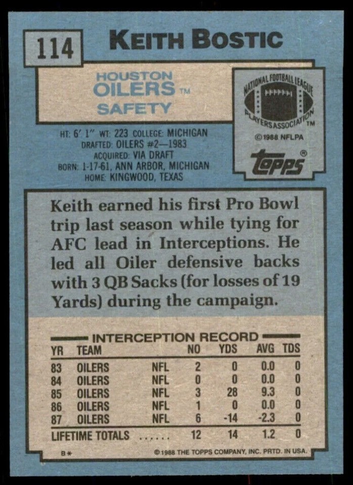 1988 TOPPS NFL Football ROOKIE Card #114 🏈 KEITH BOSTIC, Houston Oilers ...