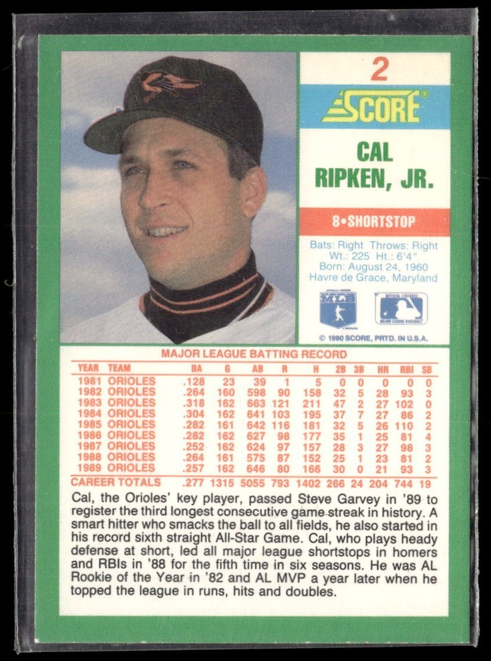 1990 Score #2 Cal Ripken, Jr. Orioles Baseball Card 3001N | eBay