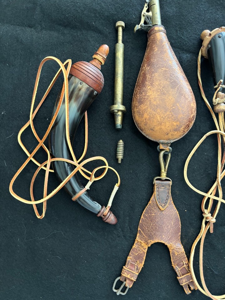 blackpowder accesories 2 powder horns, measure,2 bags,flask sling, | eBay