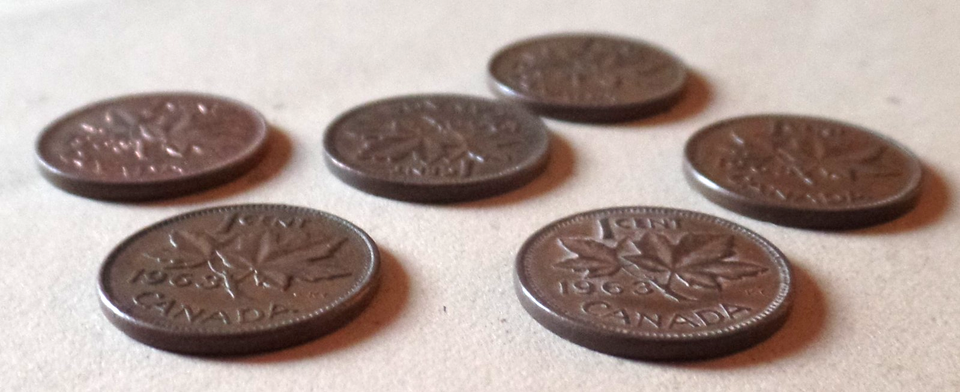 6 Vintage 1963 CANADA 1 CENT ELIZABETH II DEI GRATIA REGINA Bronze Tone ...