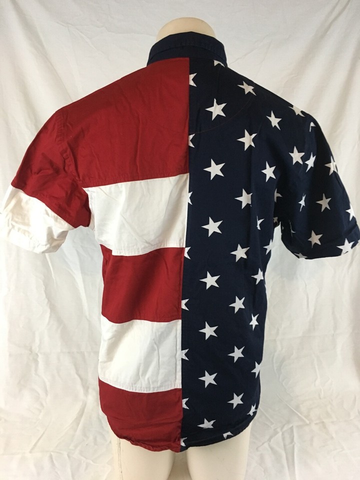 American Flag Button Up Short Sleeve Shirt Patriotic 100% Cotton Men's ...