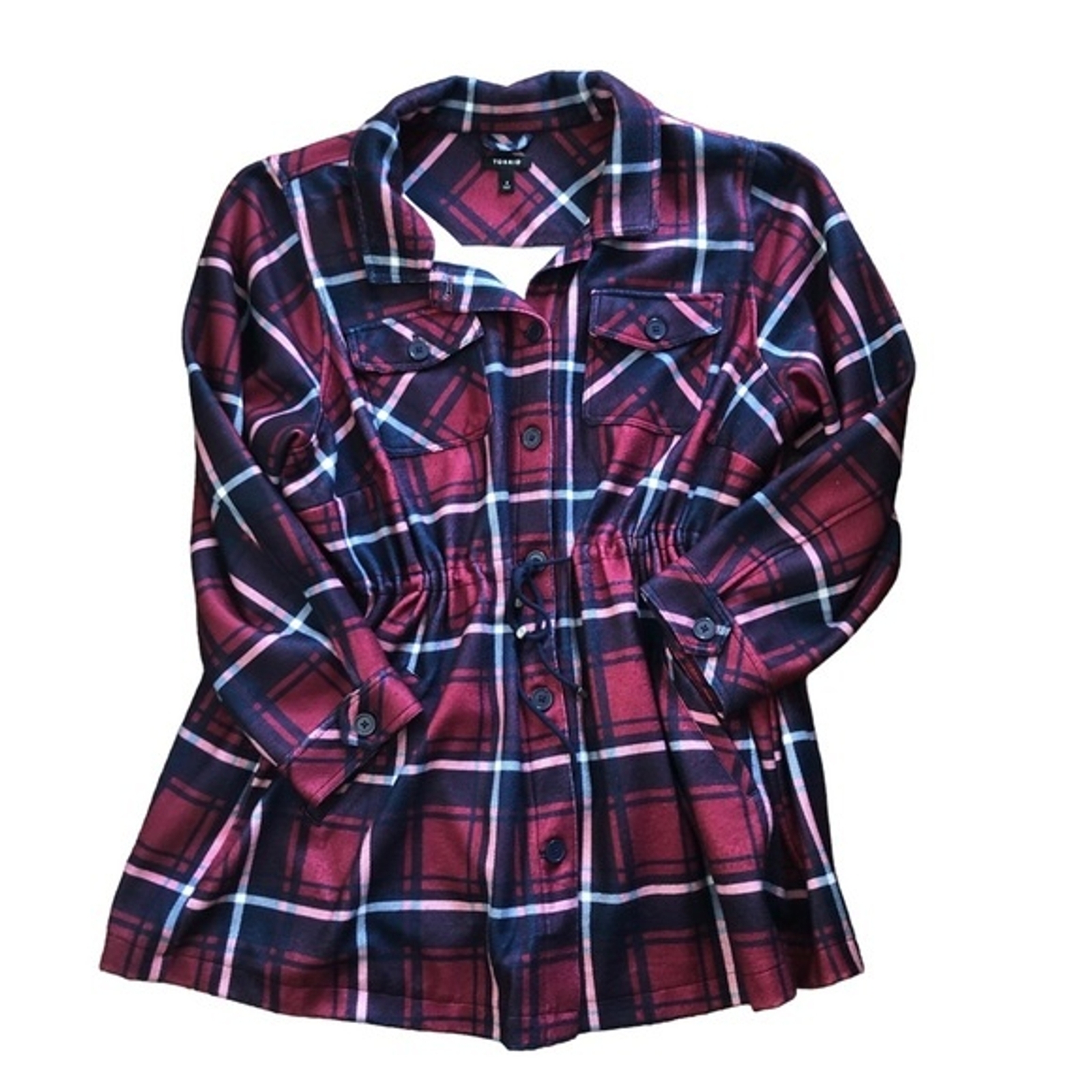 Torrid Plaid Flannel Shacket Button Up Pockets Cinched Waist Berry Size ...
