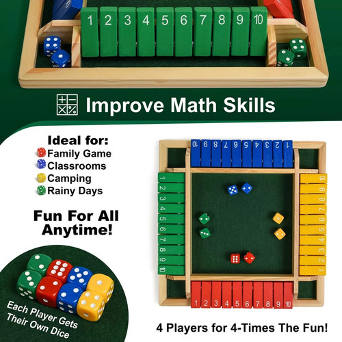 Wooden Dice Board Game Shut The Box 4 Players Flaps & Dices Game Parent ...