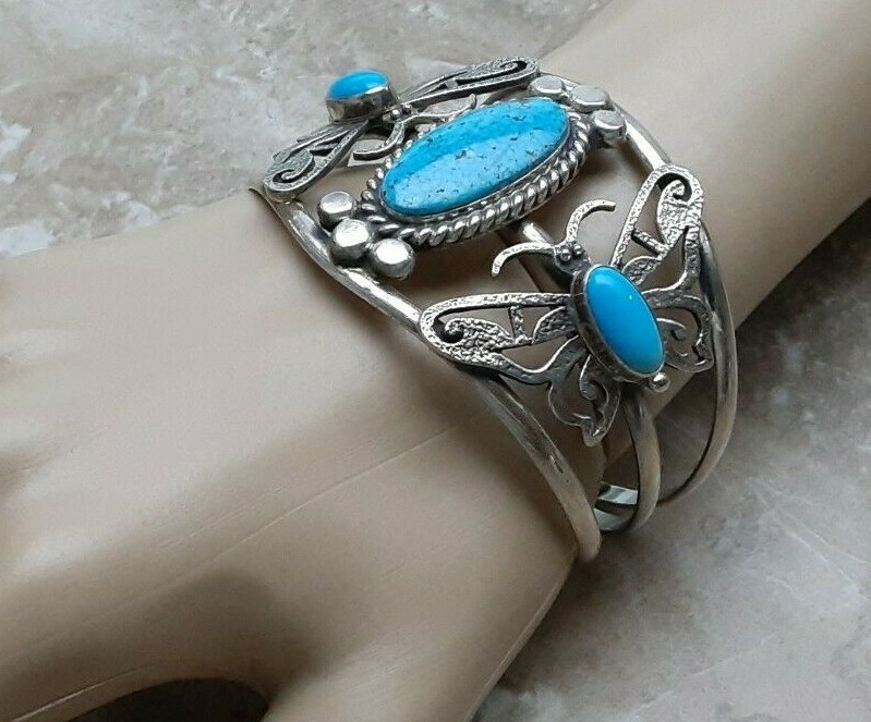 Navajo Indian JASON BAHE Butterfly Bracelet ROYSTON T… - Gem