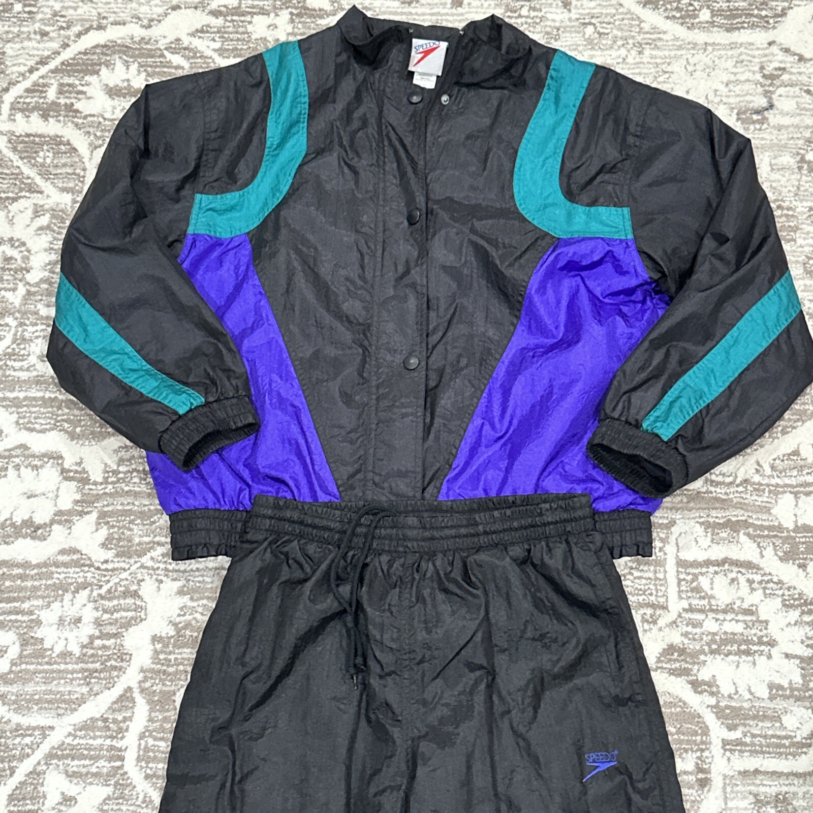 Vtg Wind Breaker Track Suit Jacket Pants Set Black Co… - Gem