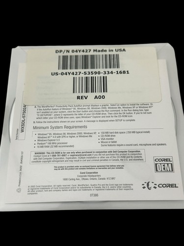 WordPerfect Productivity Pack CD-ROM, 2002 Corel OEM, Dell PC, New ...