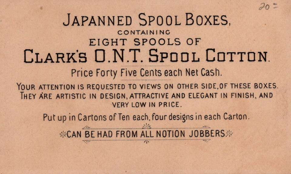 trade card, CLARK'S O.N.T. SPOOL COTTON, JAPANNED SPOOL BOX, S6D-TC ...