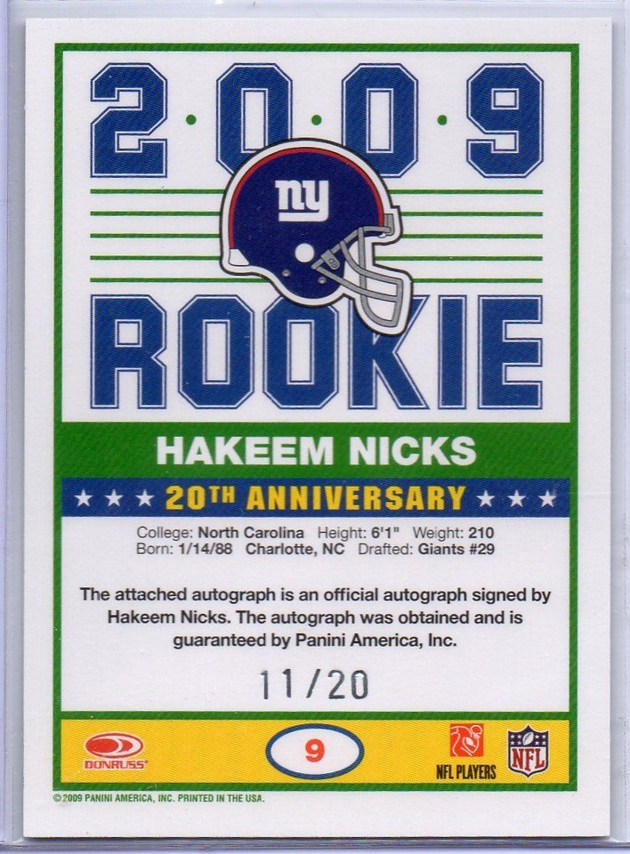 2009 Score Inscriptions Certified RC Autograph HAKEEM NICKS /20, Giants ...