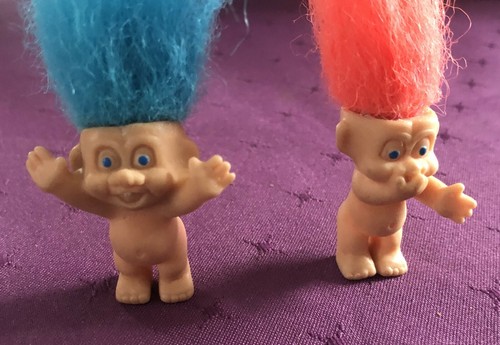 2 Creata mini baby TROLL arms up ONE Tooth blue orange HAIR covering ...