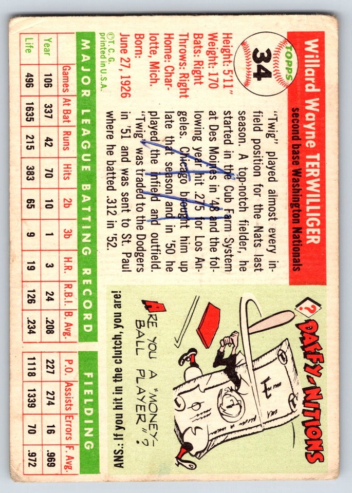 1955 Topps #34 Wayne Terwilliger Washington Senators Good 24522 | eBay