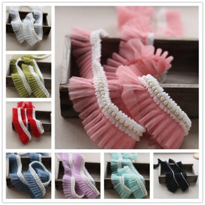 3 M Lace Beaded Ruffles Pleated Mesh Edging Faux Pearl Bead Trimming ...