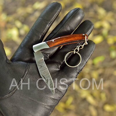3"HAND FORGED DAMASCUS STEEL FOLDING POKET KEY CHAIN KNIFE W/ WOOD ...