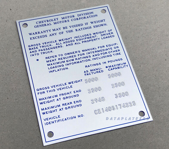 EMBOSSED CHEVROLET PLATE DATA TAG 1970 1971 1972 C10 C20 TRUCK K5 ...