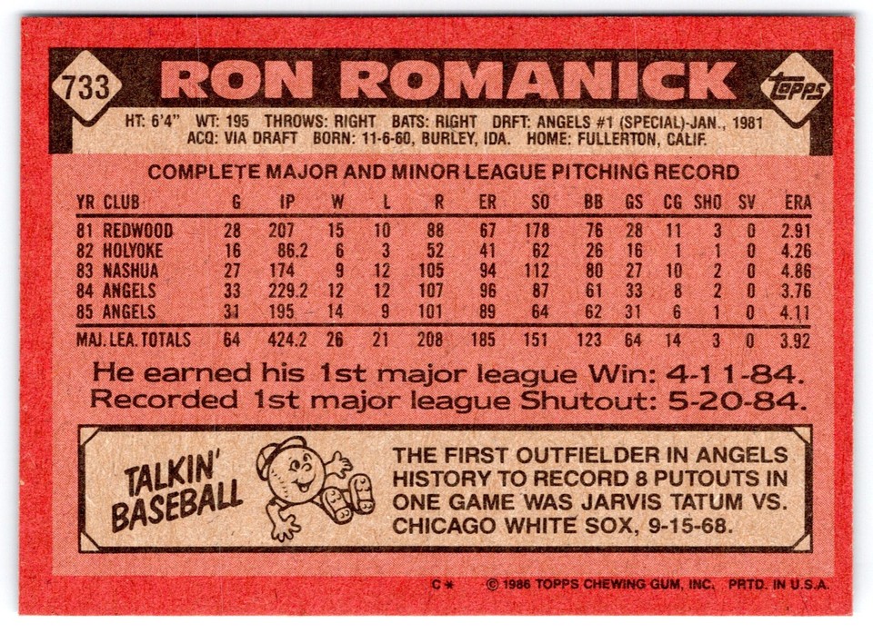 RON ROMANICK 1986 TOPPS 86 NO 733 NRMINT+ 56739 | eBay