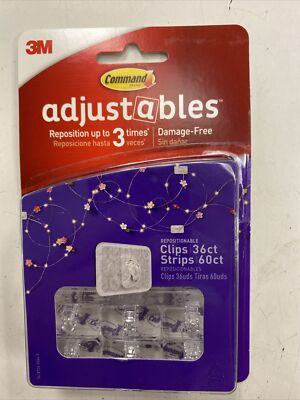3M Command Adjustable Reposition CLIPS 36 Clips+60 Adhesive Strips Free ...