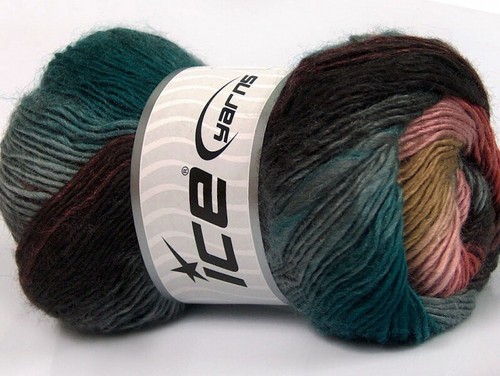 Ice RAINBOW Yarn #62904 BLACK TEAL CAMEL PINK SALMON Self Striping 100 ...