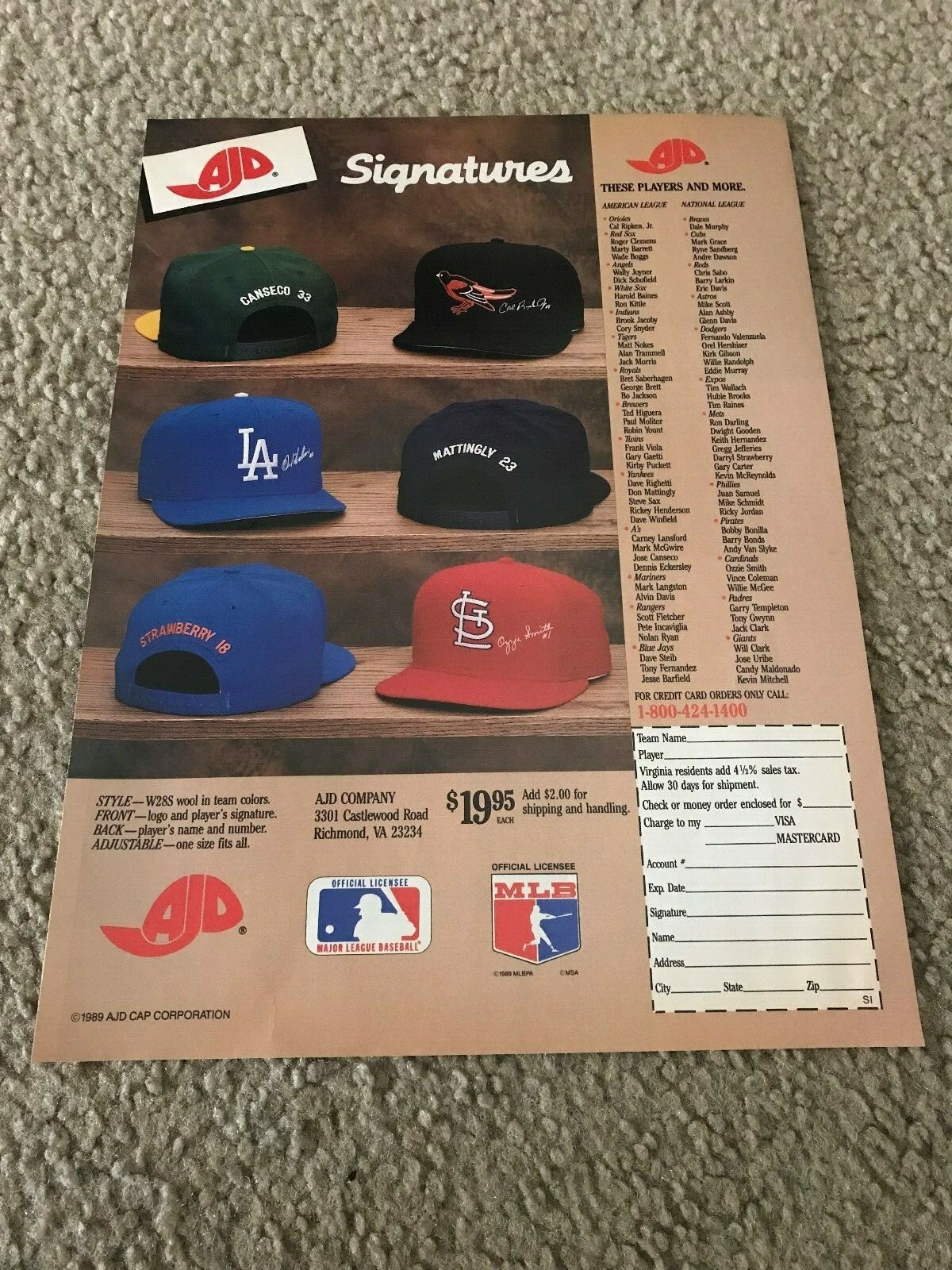 MLB BASEBALL AJD HAT SIGNATURE Print Ad DON MATTINGLY OZZIE SMITH CAL ...