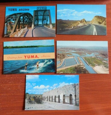 5 Postcards- unposted - Yuma, Arizona - Skiers, Bridge, Prison ...