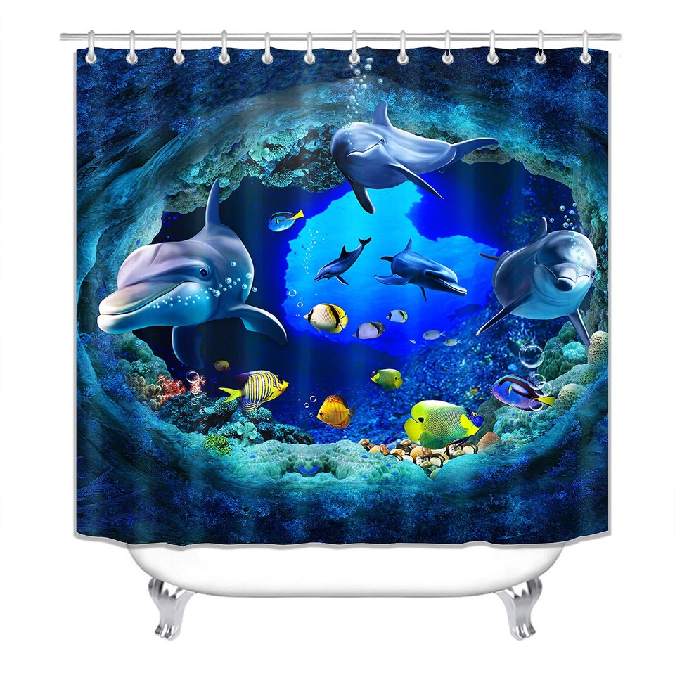 4PCS Dolphin Shower Curtain Set with Rugs, Cute Blue Sea Ocean Fish ...