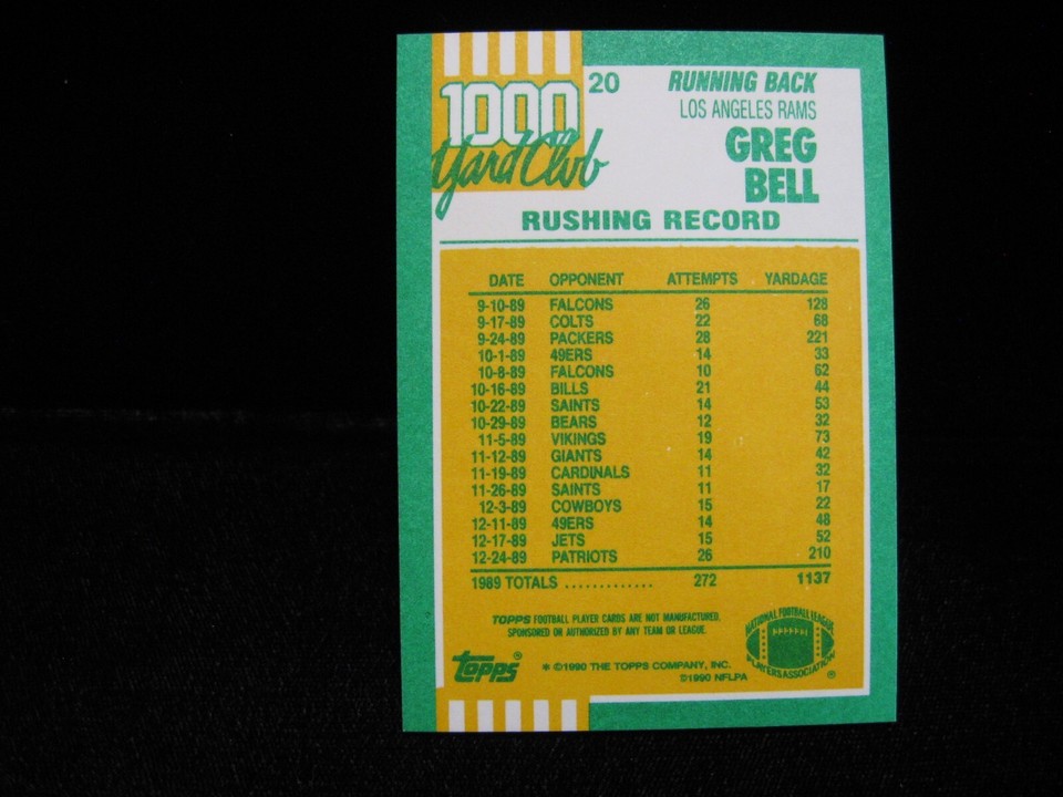 1990 Greg Bell Los Angeles Rams Topps Regular 1000 Yard Club Card #20 ...