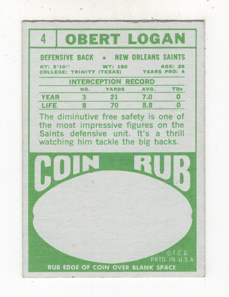 1968 TOPPS FOOTBALL OBERT LOGAN NEW ORLEANS SAINTS #4 | eBay