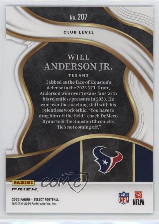 2023 Select Club Level Silver Prizm Die-Cut Will Anderson Jr #207 ...