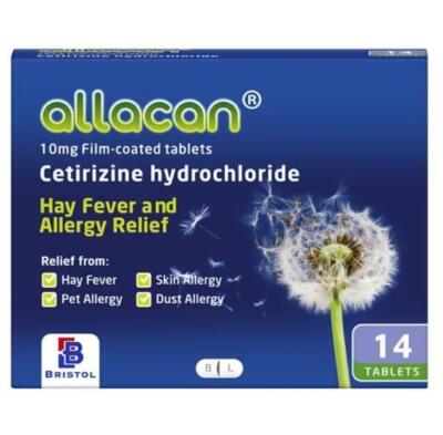 Allacan Cetirizine Hydrochloride Hay Fever & Allergy Relief 14 Tablets ...