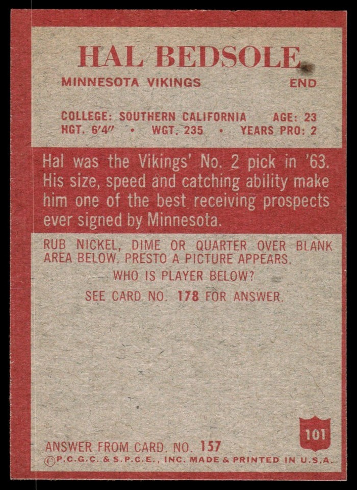 1965 Philadelphia Hal Bedsole * RC Minnesota Vikings #101 | eBay