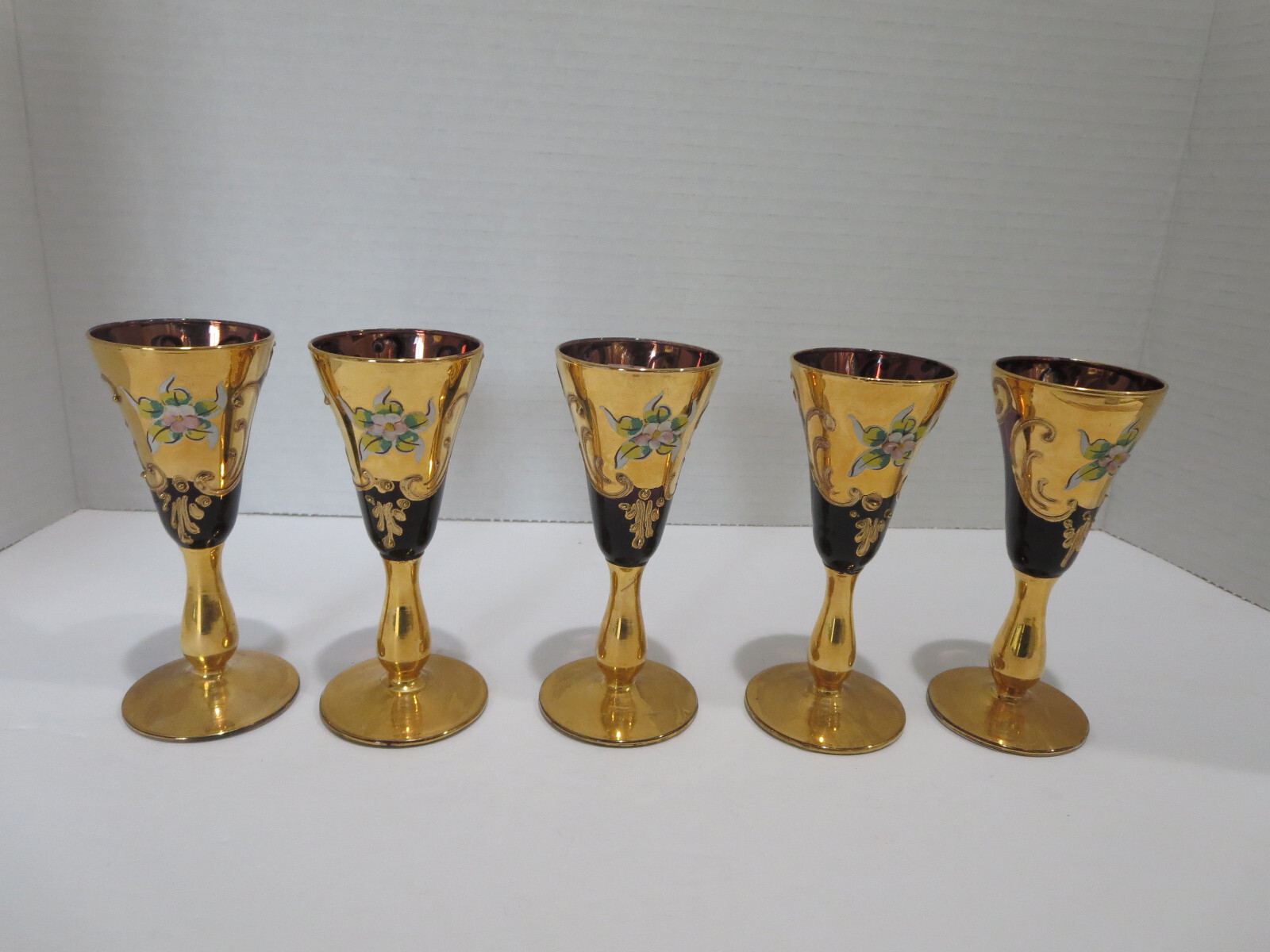 Vintage Czech Bohemian Cordial Glasses Purple & Gold Enameled Flowers ...