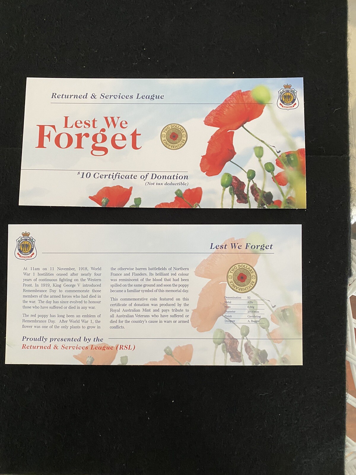 2012 $2 RED POPPY RSL $10 Certificate of Donation CARD ONLY NO COIN ...