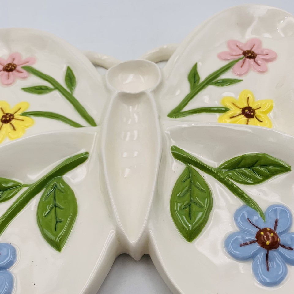 Butterfly Divided Dish Plate Platter Snack Tray Floral Ceramic Vintage ...