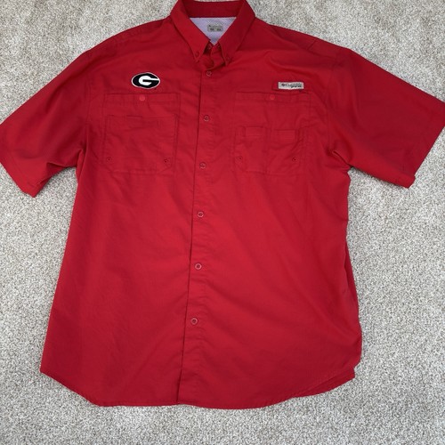 Men's Columbia PFG Omni Shade Button Up Short Sleeve Shirt Red Georgia ...