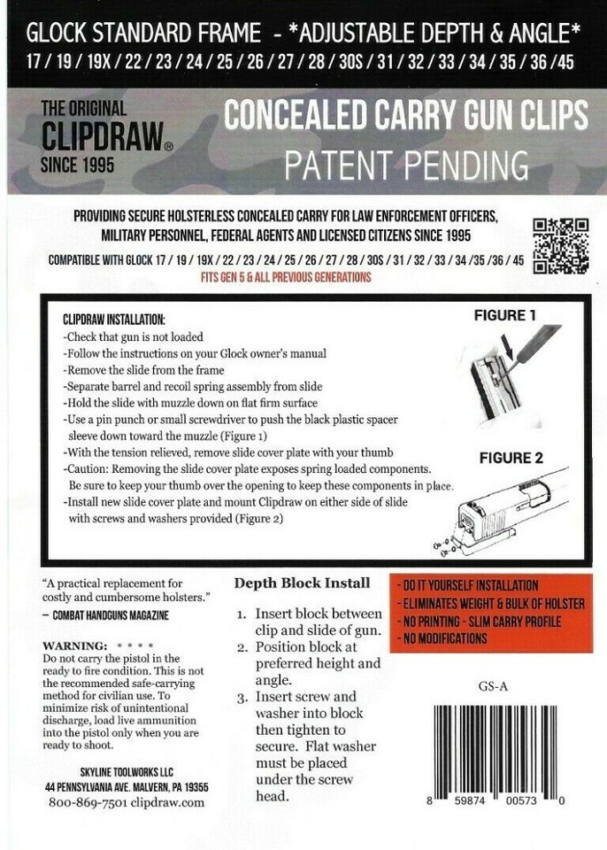 Clipdraw Adjustable Belt Clip for Glock 17 19 19x 22 23 26 27 30s 45 ...