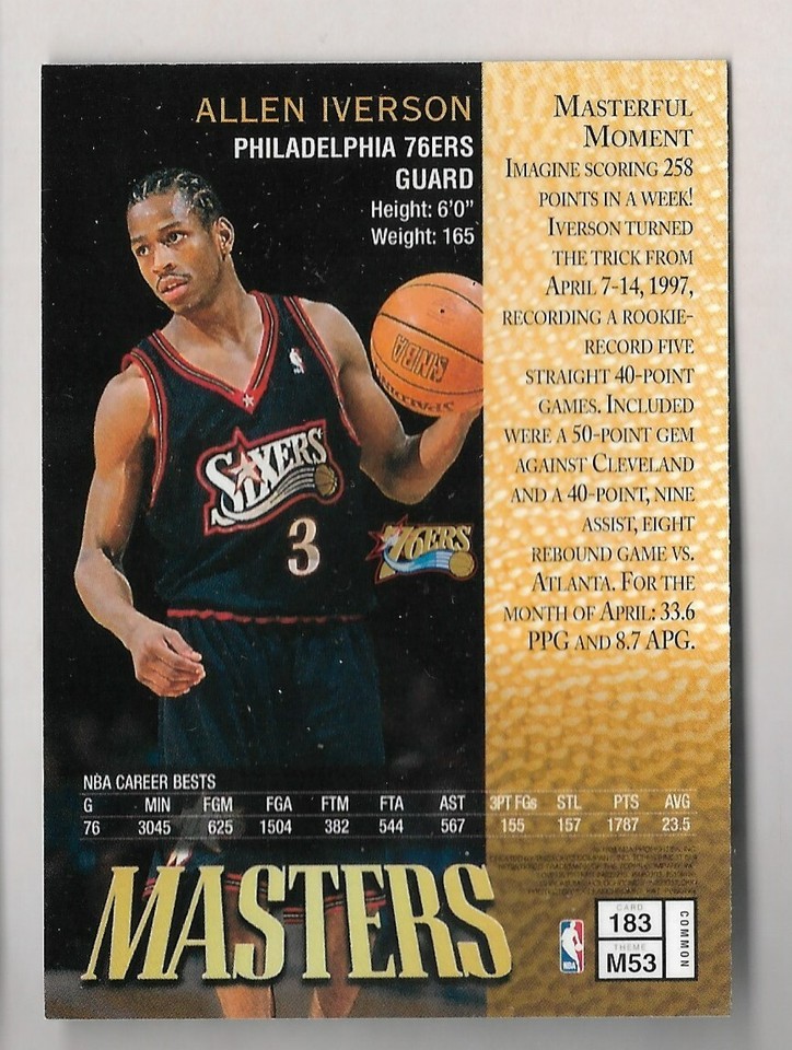 ALLEN IVERSON 1997-98 TOPPS FINEST MASTERS W/ COATING !! CARD #183 HOF ...