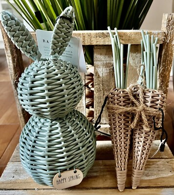 NEW Rae Dunn Wicker Bunny Rabbit “Happy Spring” & Wicker Carrots “Hoppy ...