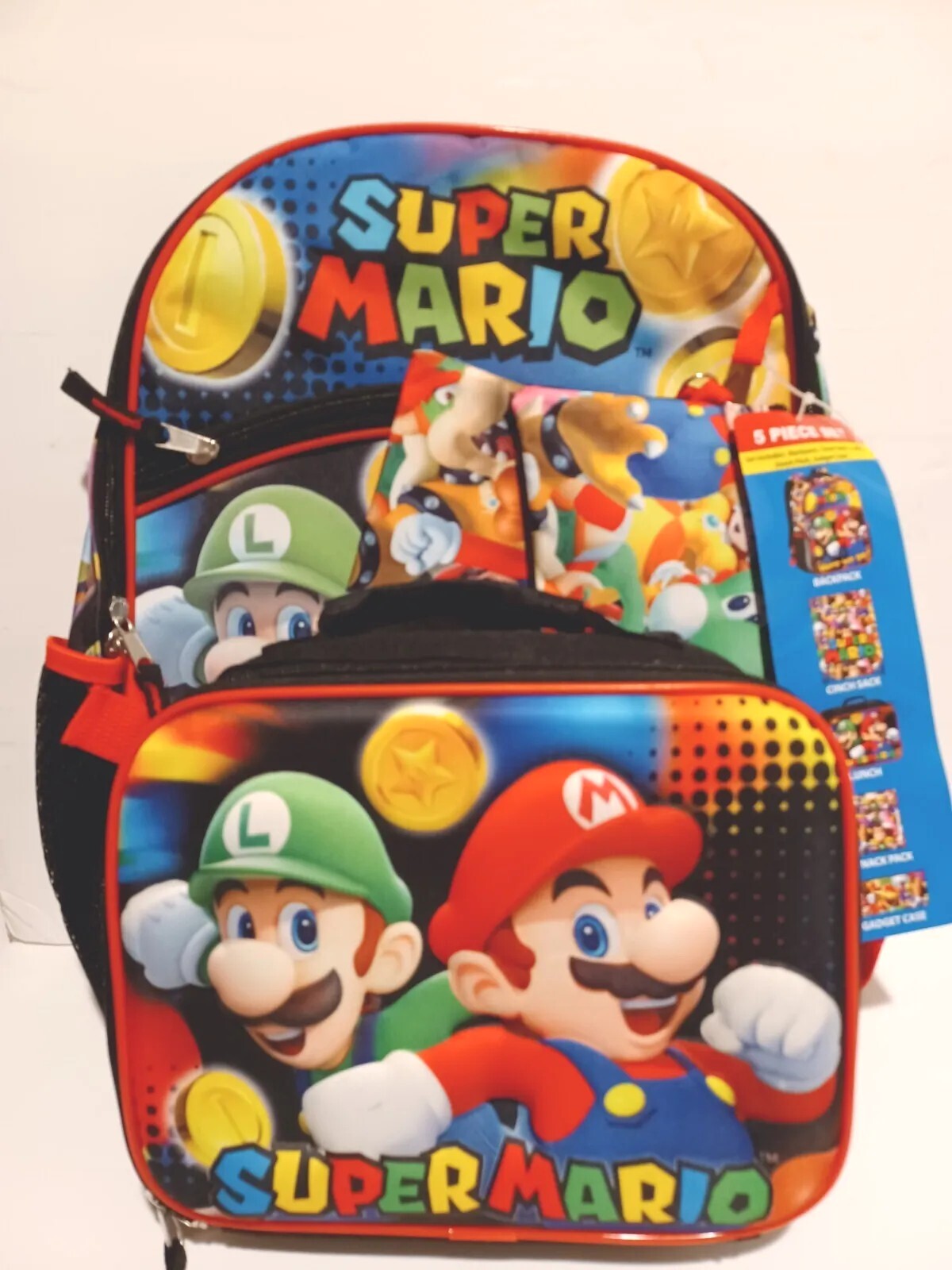 Super Mario Bros 5pc Set 16" Backpack Lunch Box Cinch Sak Snack Pack ...