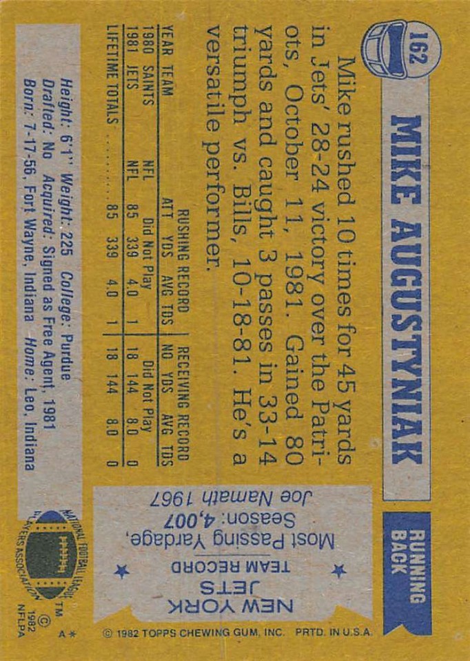 1982 Topps #162 Mike Augustyniak NY Jets NM-MT | eBay