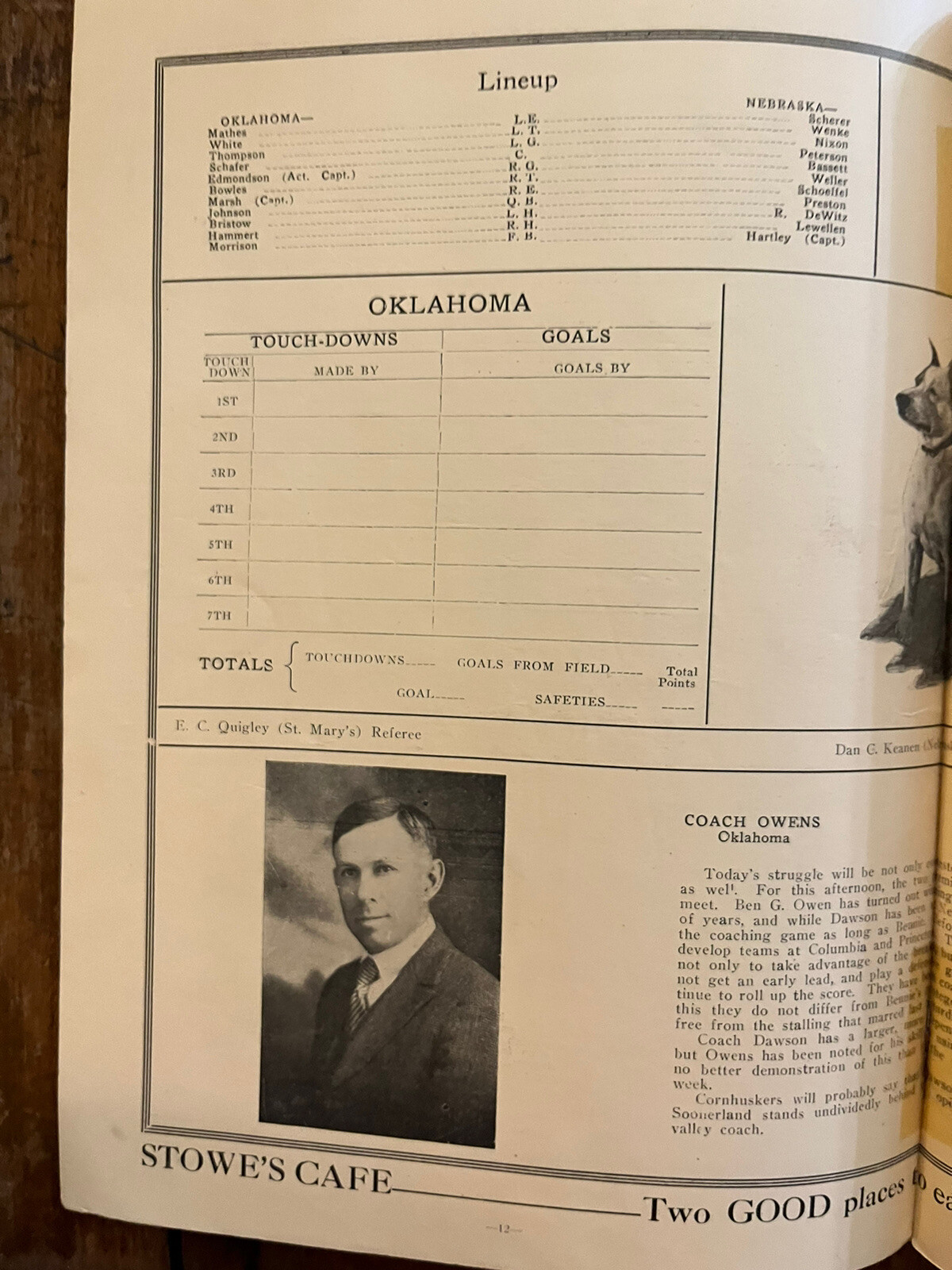 1922 Historic Oklahoma vs Nebraska football program/BENNIE OWEN/BOYD ...