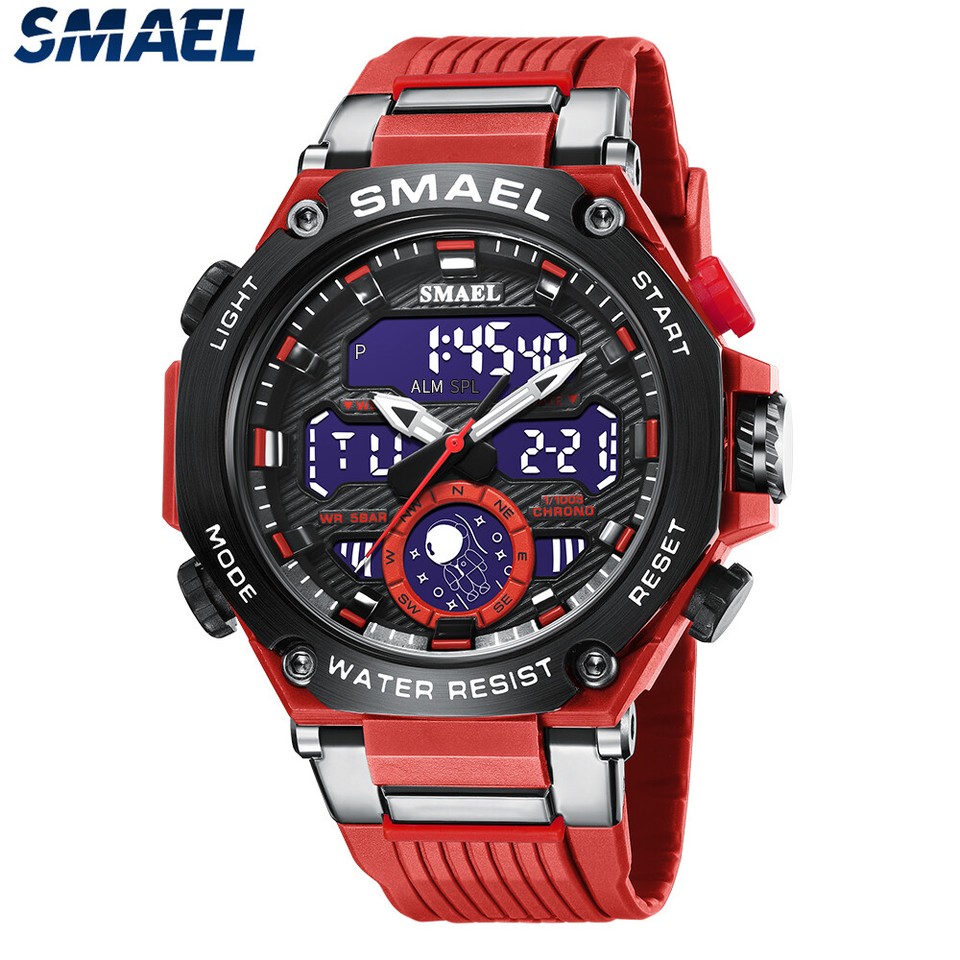 SMAEL Brand Men Digital LED Watch Dual Time Gold Watches Rubber ...
