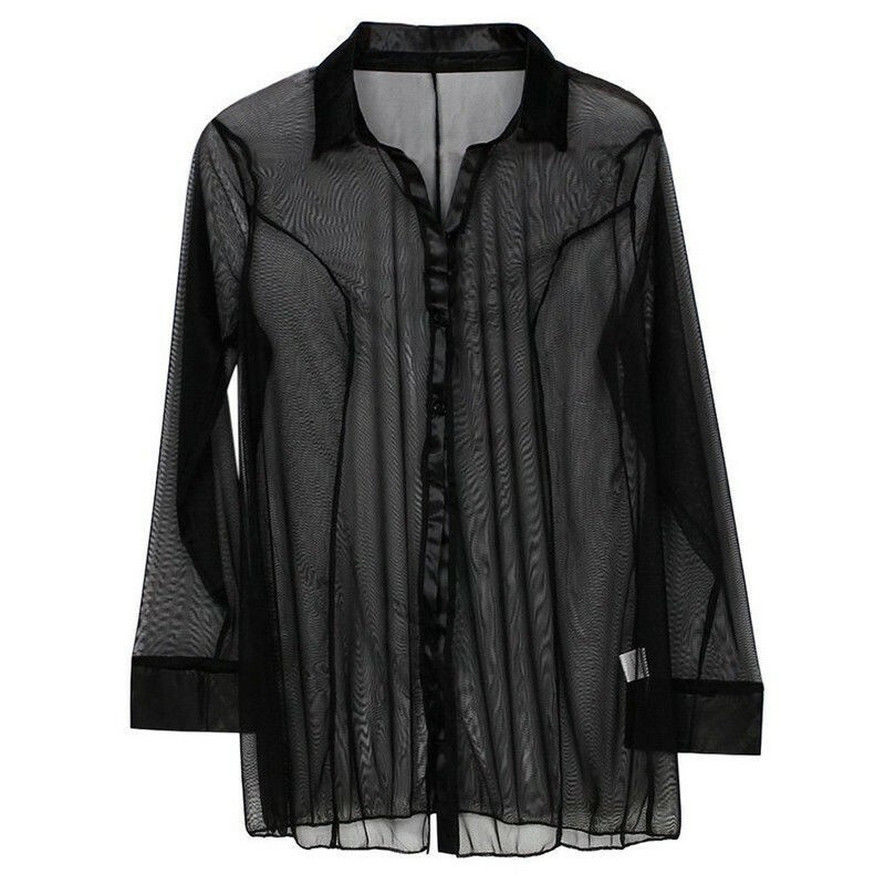 Women's Transparent Sleepwear Shirt Sexy Mesh Lingerie Loose Buttons ...