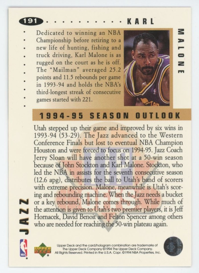 1994-95 Collector's Choice Karl Malone Utah Jazz #191 | eBay