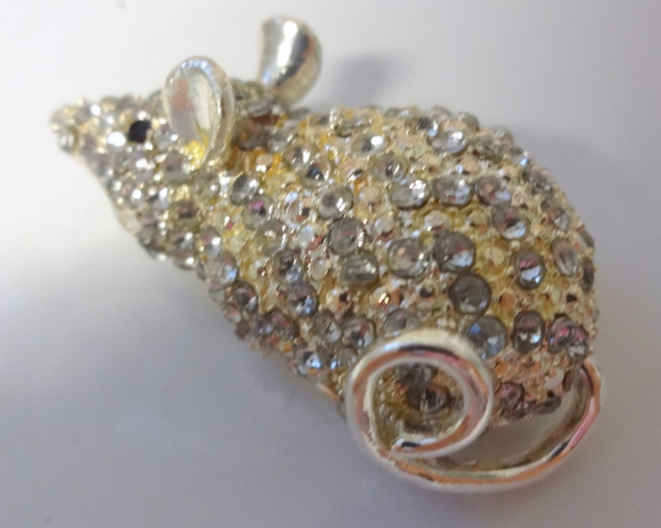 Vintage Clear Rhinestone Silver Tone Mouse Figural 3 D Pin Brooch RARE ...