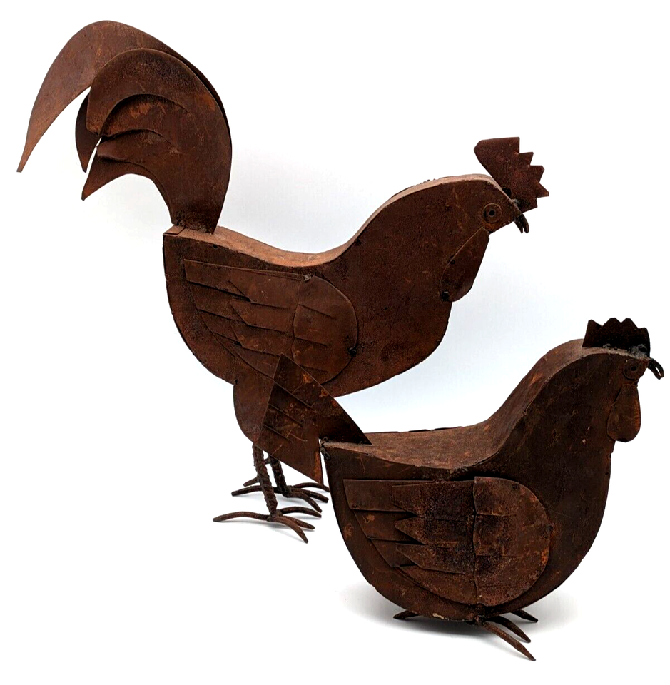 Vintage Rustic Metal Rooster Hen And Four Baby Chick Sculptures | eBay