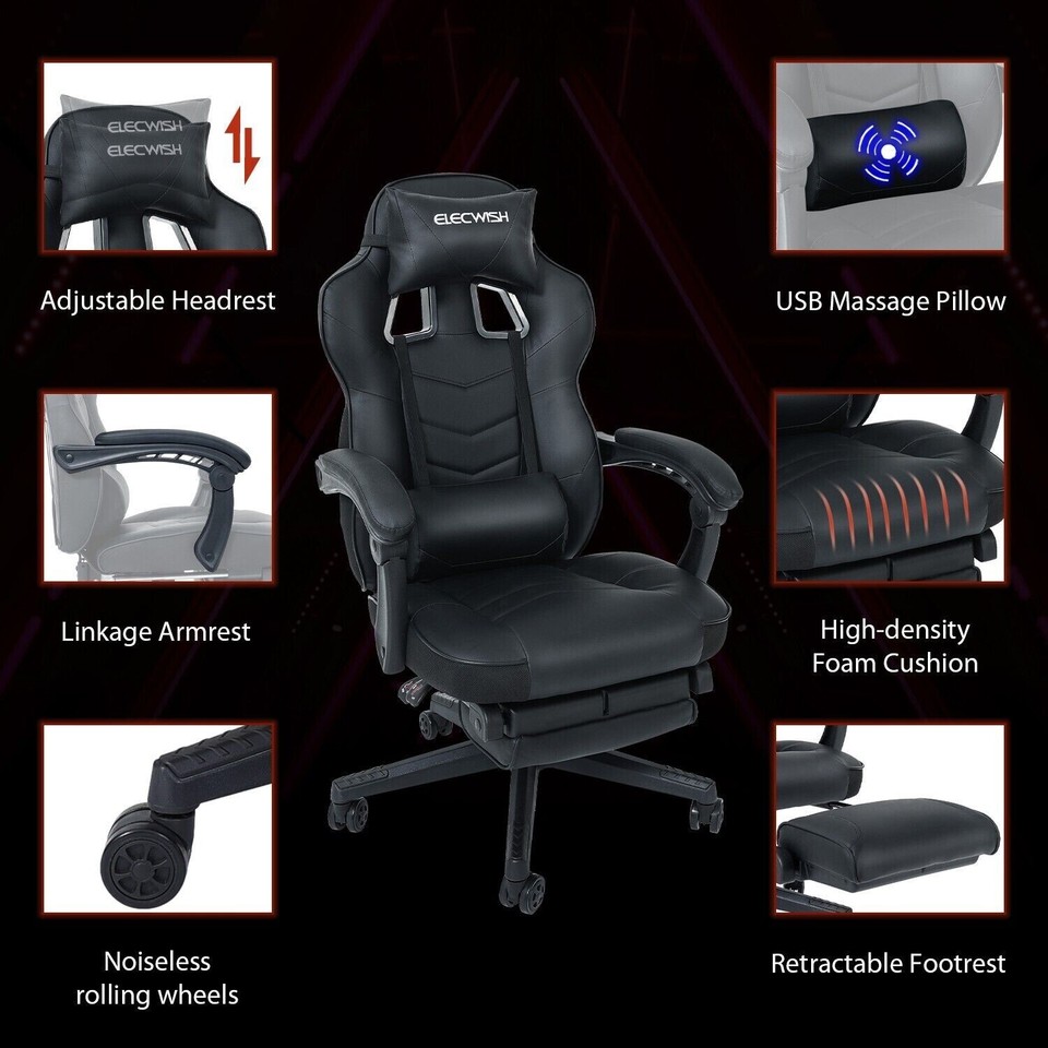 ELECWISH Gaming Chair with Massage Black Computer Office Seat Footrest ...