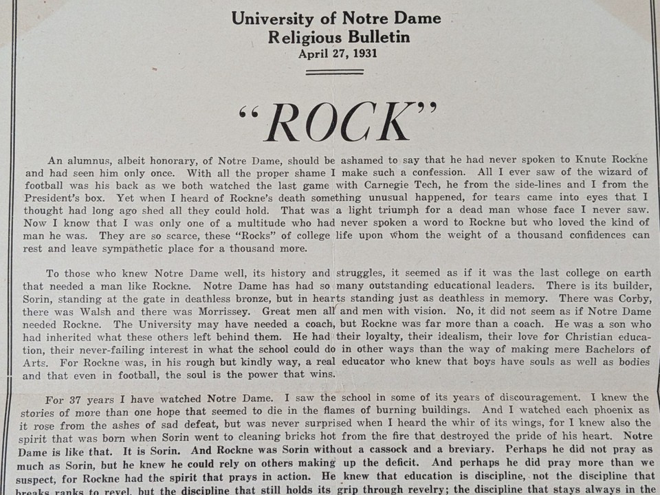 1931 University Of Notre Dame Religious Bulletin Death Knute Rockne | eBay