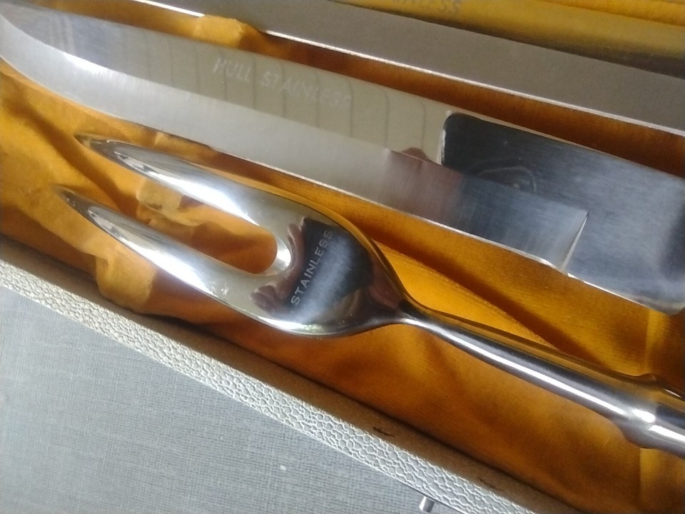 VINTAGE HULL 3 pc. STAINLESS STEEL CARVING KNIFE SET w/WOOD HANDLES ...