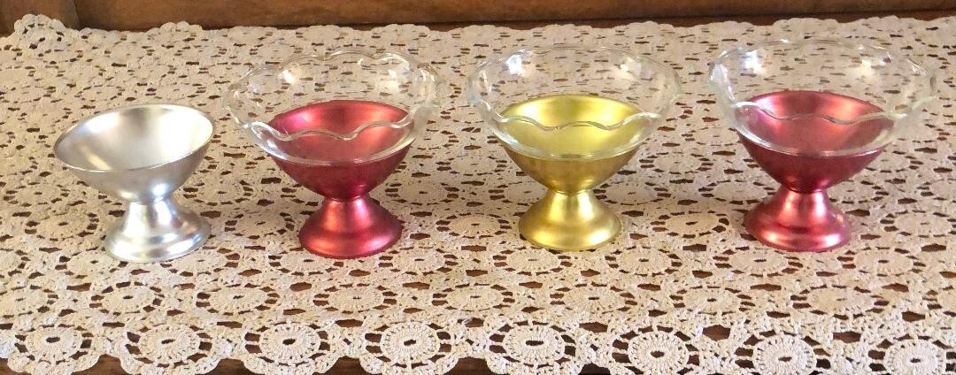 1950-60'S EIGHT 4 PIECE SET OF ALUMINUM & GLASS INSERT ICE CREAM ...