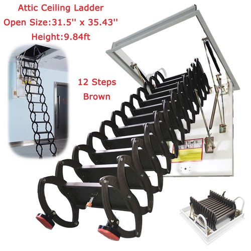 Attic Ceiling Ladder 10 ft Brown Ceiling Mounted Folding Stairs Pull ...