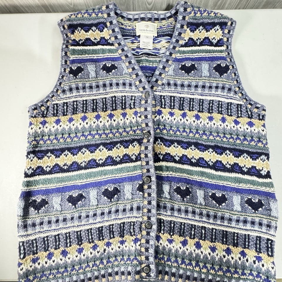 Vintage Hand Knit Susan Bristol Sweater Vest Striped Fair Isle Heart ...